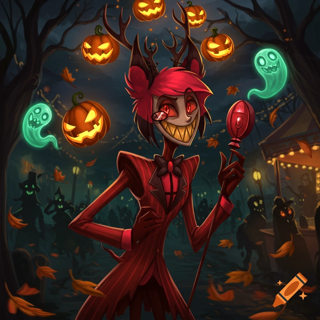 A cartoon red demon with antlers and a wide grin in a pinstriped suit ...