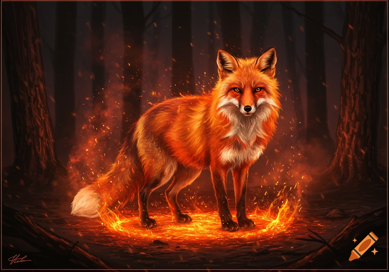 A mystical orange fox with white and blue glowing tribal markings ...