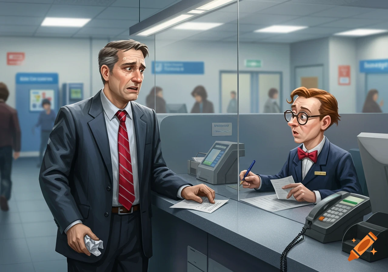 A friendly cartoon delivery driver in a blue uniform and cap examines a ...