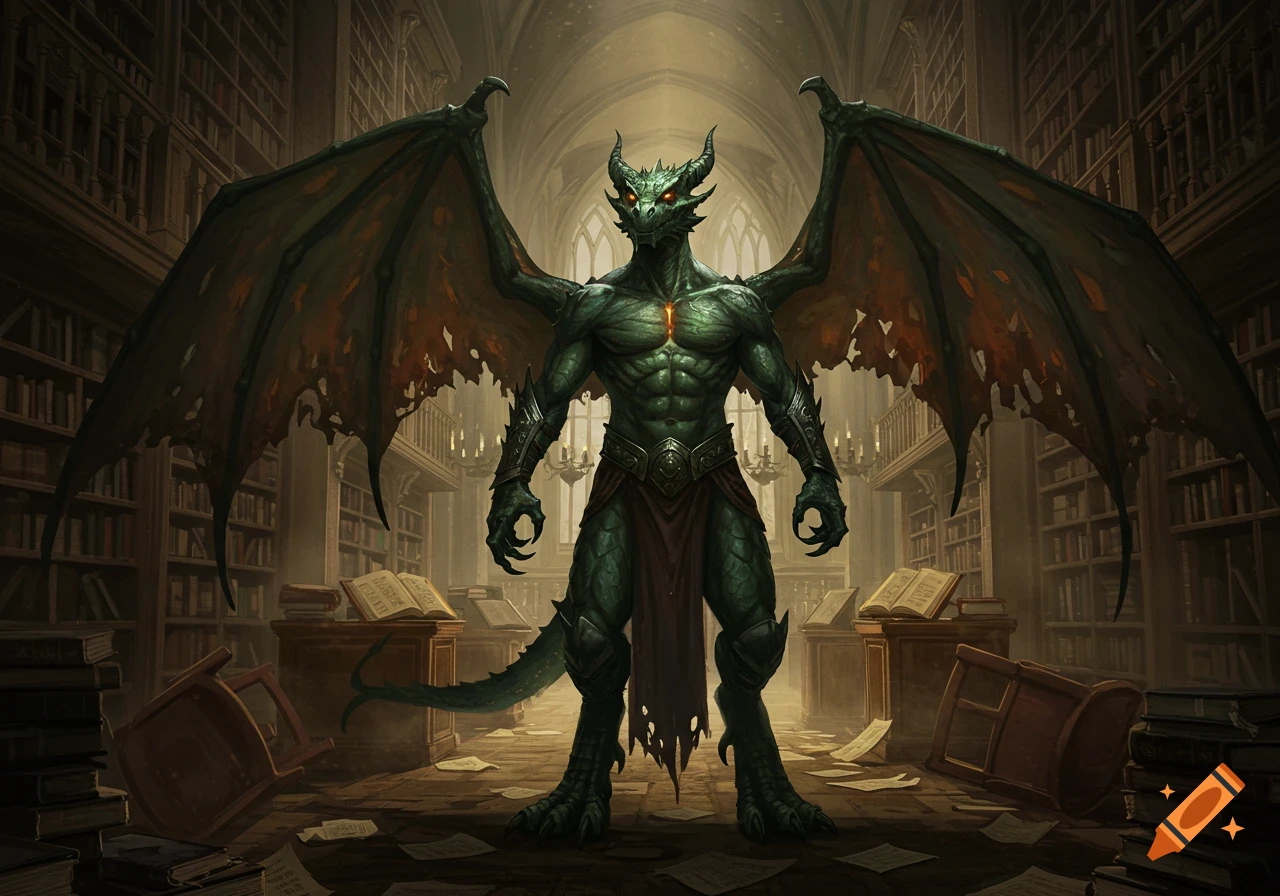 A muscular, green-skinned dragon-man with glowing red eyes and tattered ...
