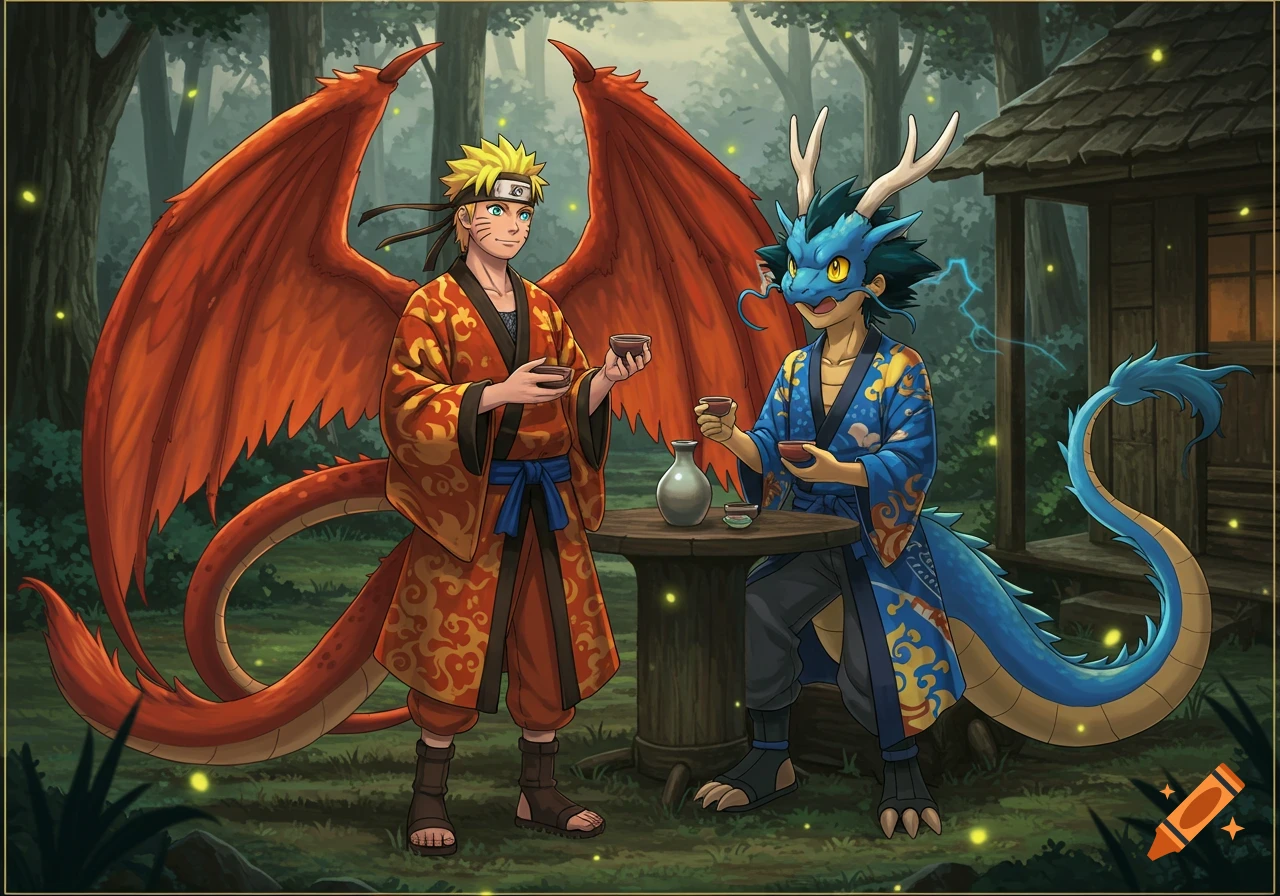 Naruto with red dragon wings and tail and Ash Ketchum as a blue dragon ...