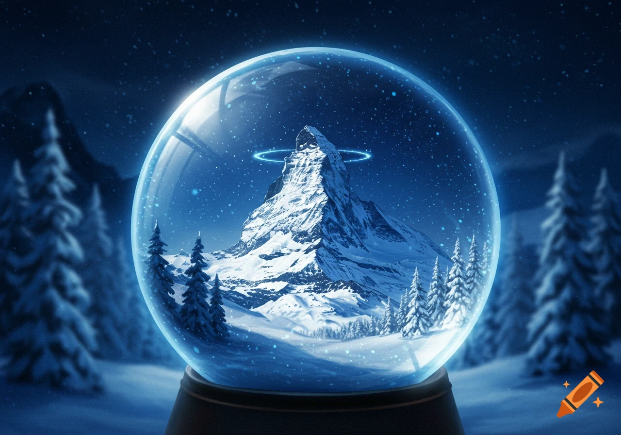 A crystal snow globe holds a majestic snow-covered mountain and ...