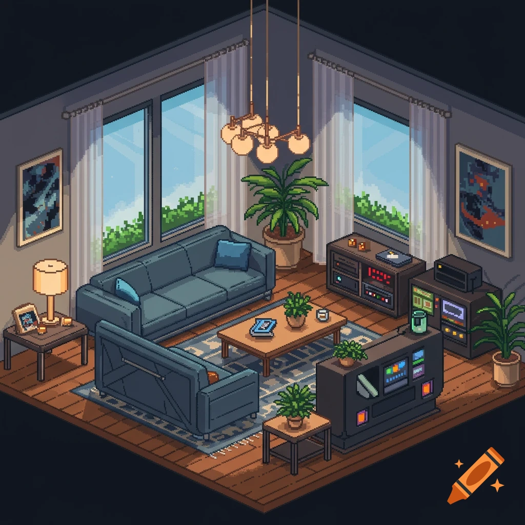 Isometric pixel art depiction of a modern living room with blue sofas ...