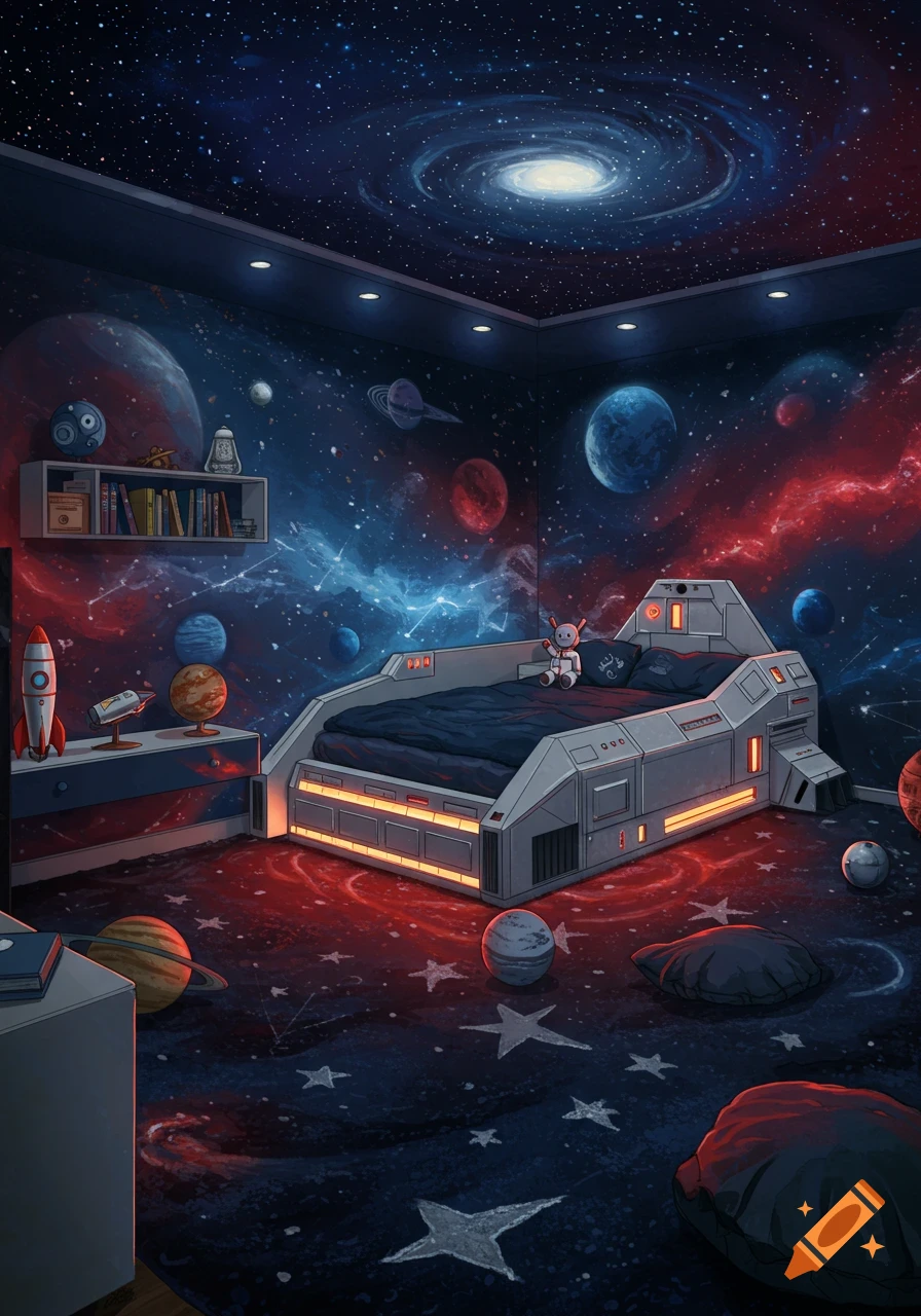 Vibrant illustrated child's bedroom with a space theme, featuring a ...
