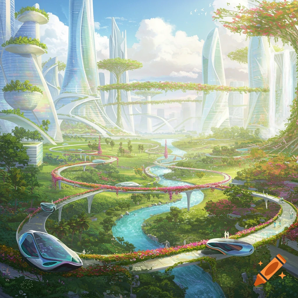 A vibrant, futuristic utopian cityscape with towering green-covered ...