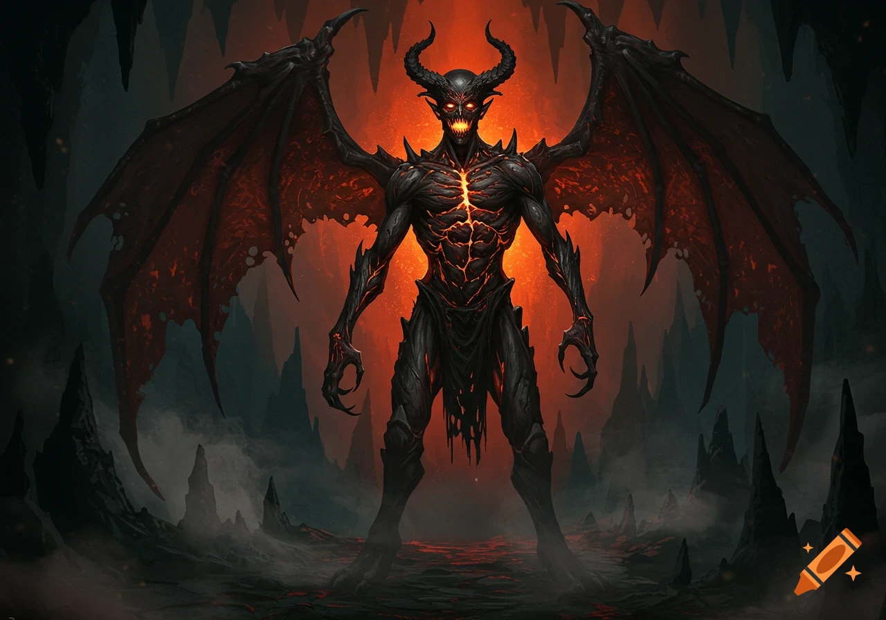 A muscular red demon with large dark wings and black horns stands ...