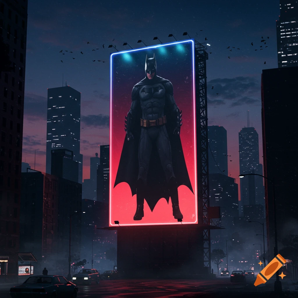 Photorealistic image of Batman on a large, neon-outlined billboard in a ...