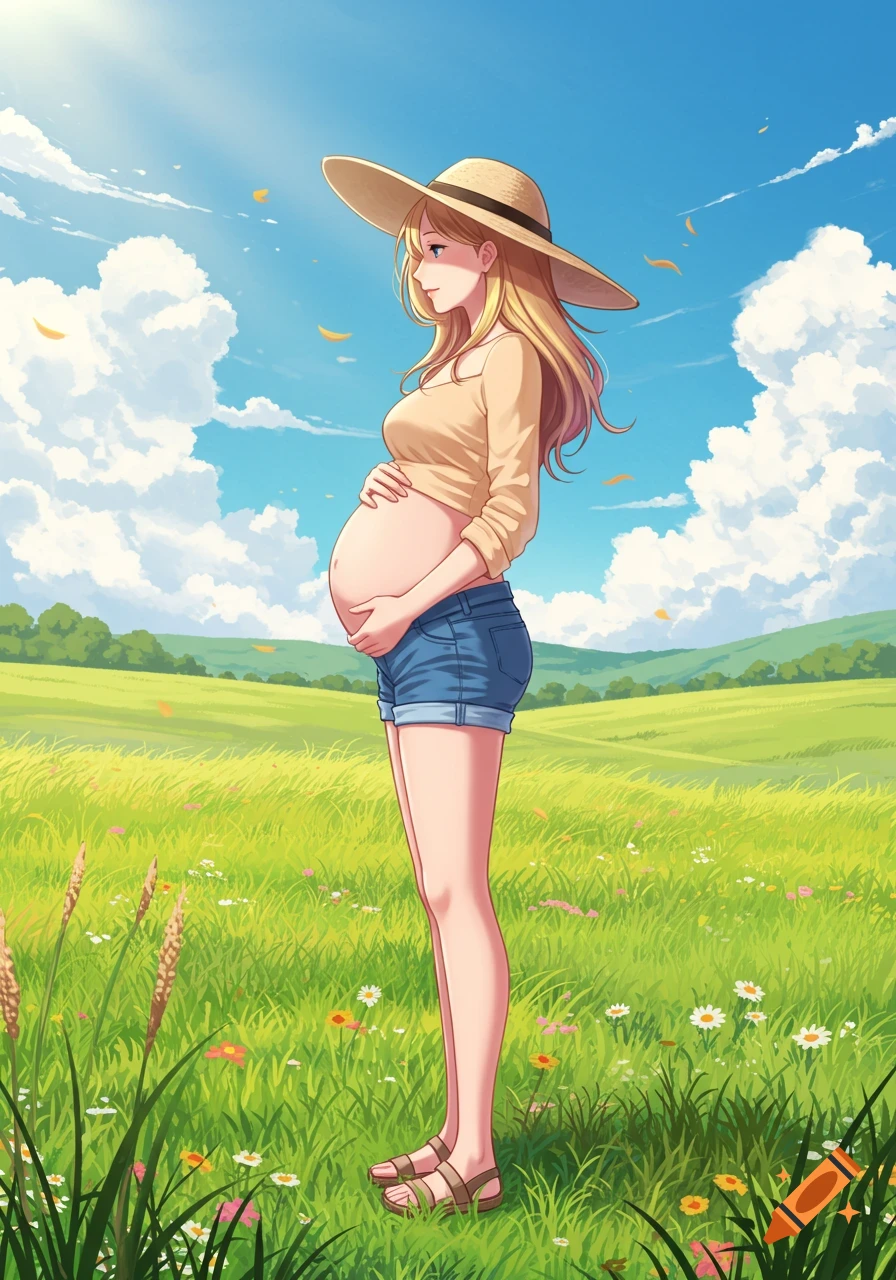 A slim anime woman in a grey tank top and shorts stands barefoot in a ...