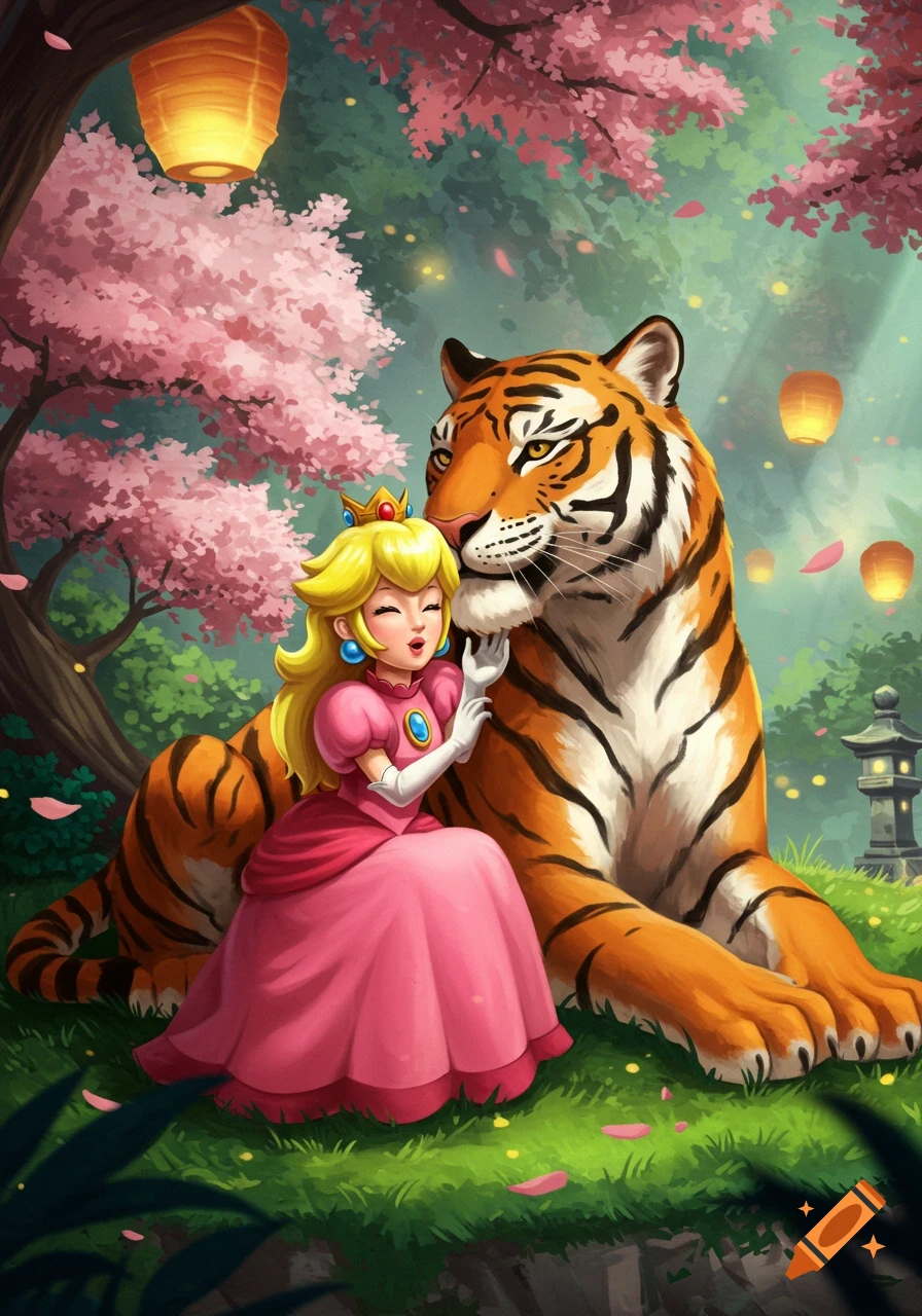 Mario and Princess Daisy kiss under a blooming cherry tree in a vibrant ...