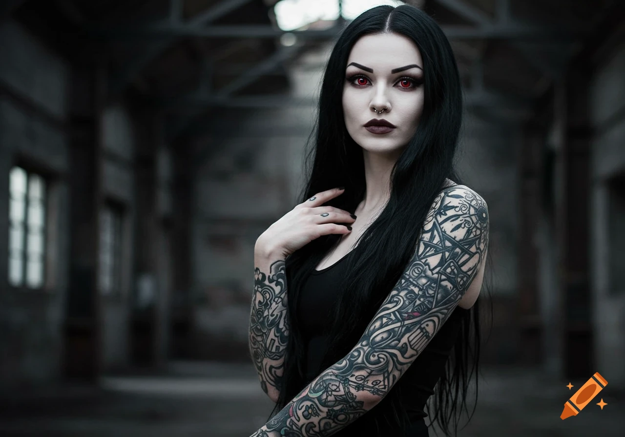 Photorealistic portrait of a goth woman with pale skin, red eyes, long ...
