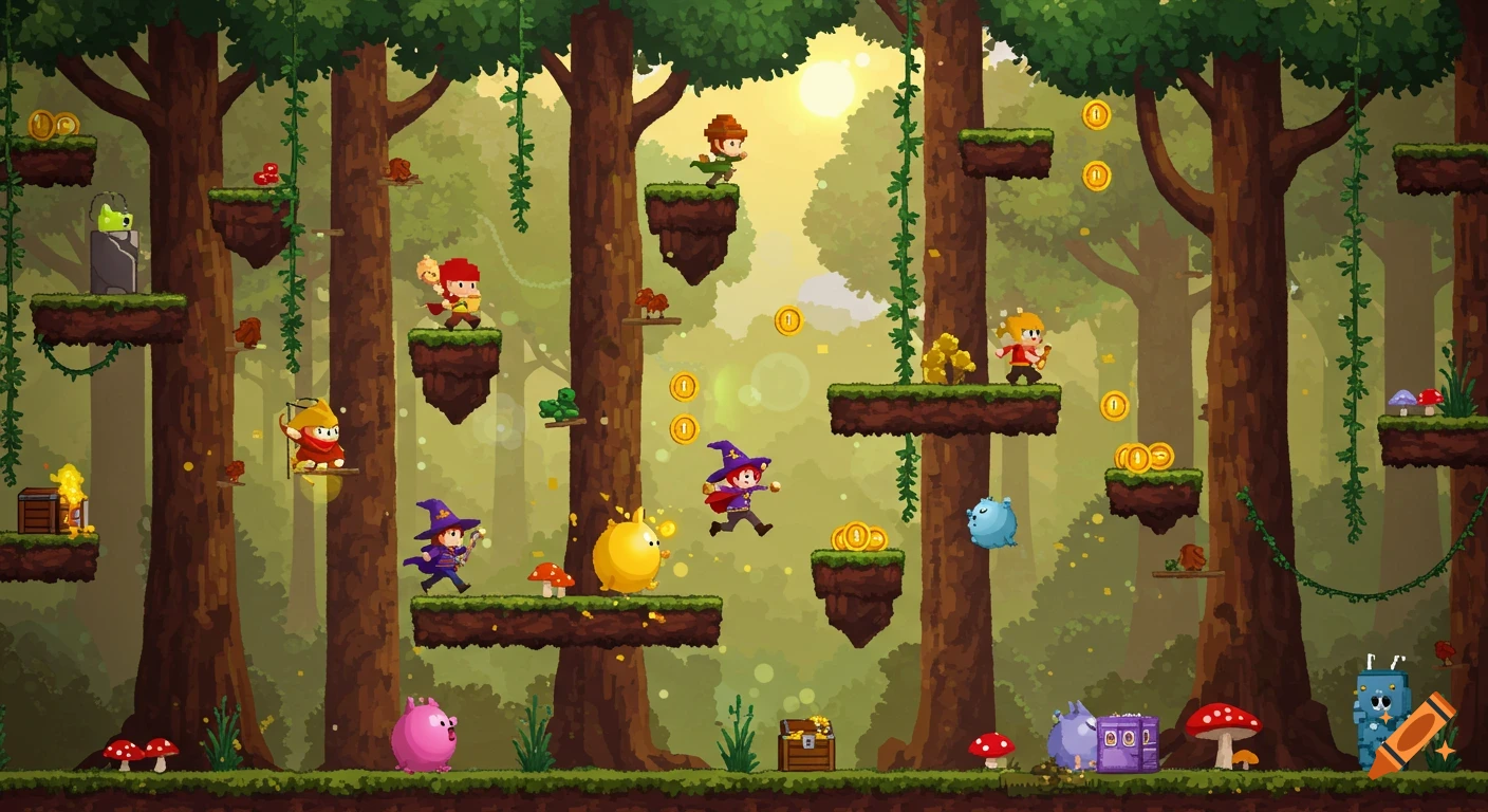 Cartoonish jester characters on platforms in a vibrant, magical forest ...