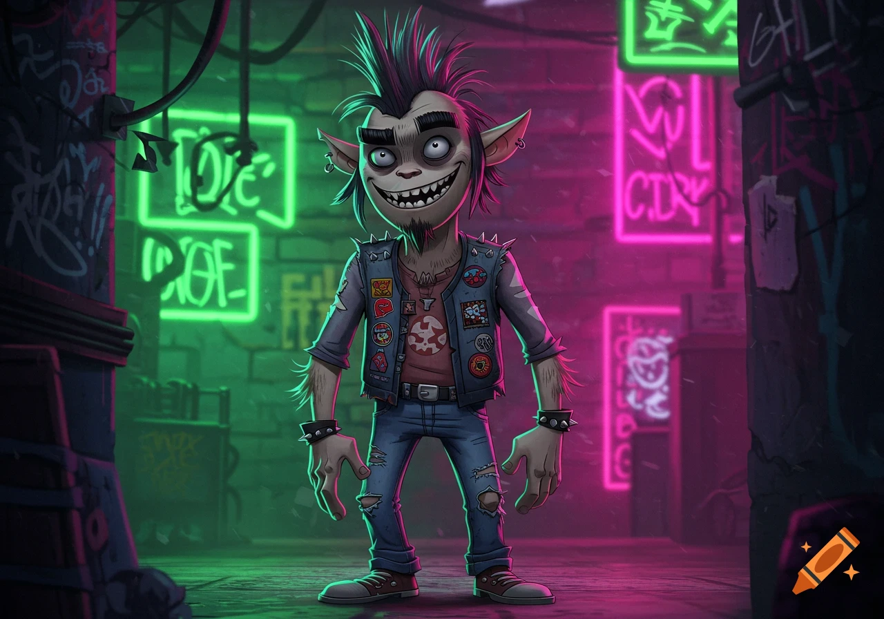 Cartoon punk character with green mohawk, tattoos, and studded vest in ...