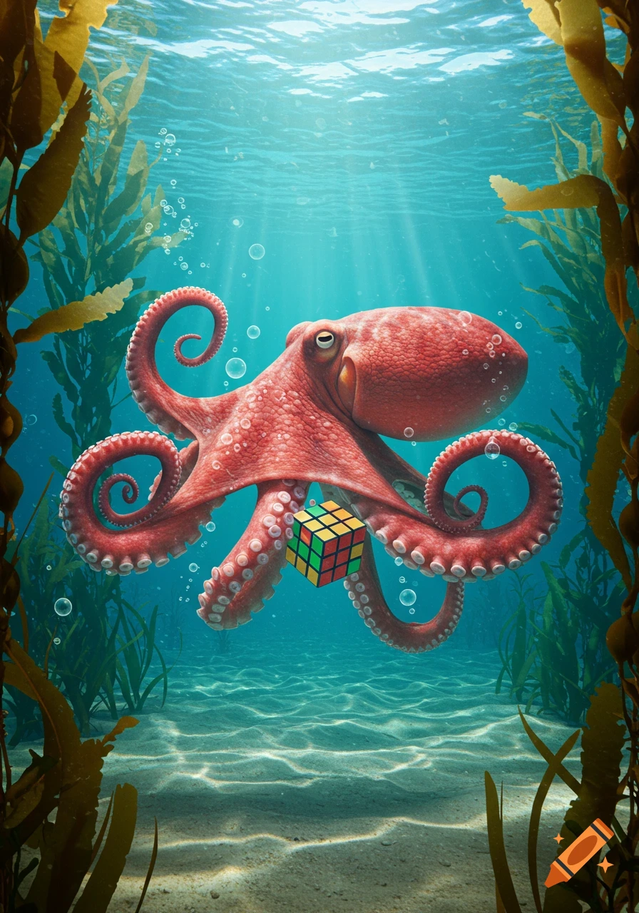 A vibrant red octopus holds a Rubik's cube underwater, surrounded by ...