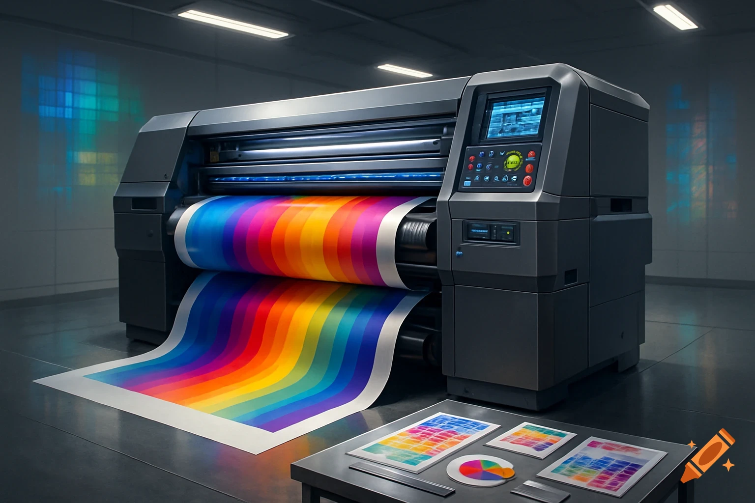 A large, photorealistic digital printing machine prints a vibrant ...