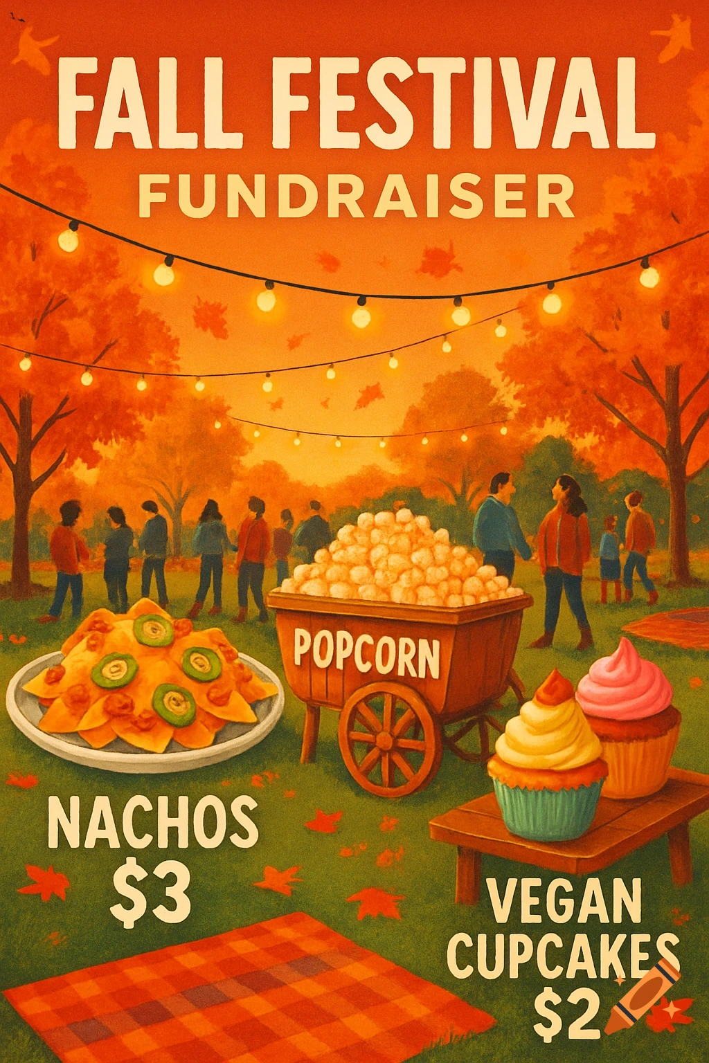 A stylized illustration of a fall festival fundraiser flyer with people ...