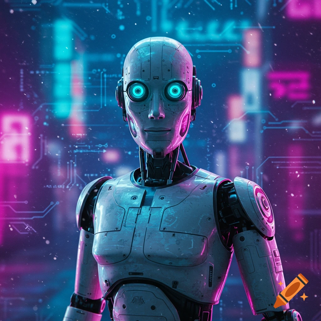 A detailed robot with glowing blue eyes stands in a neon-lit ...