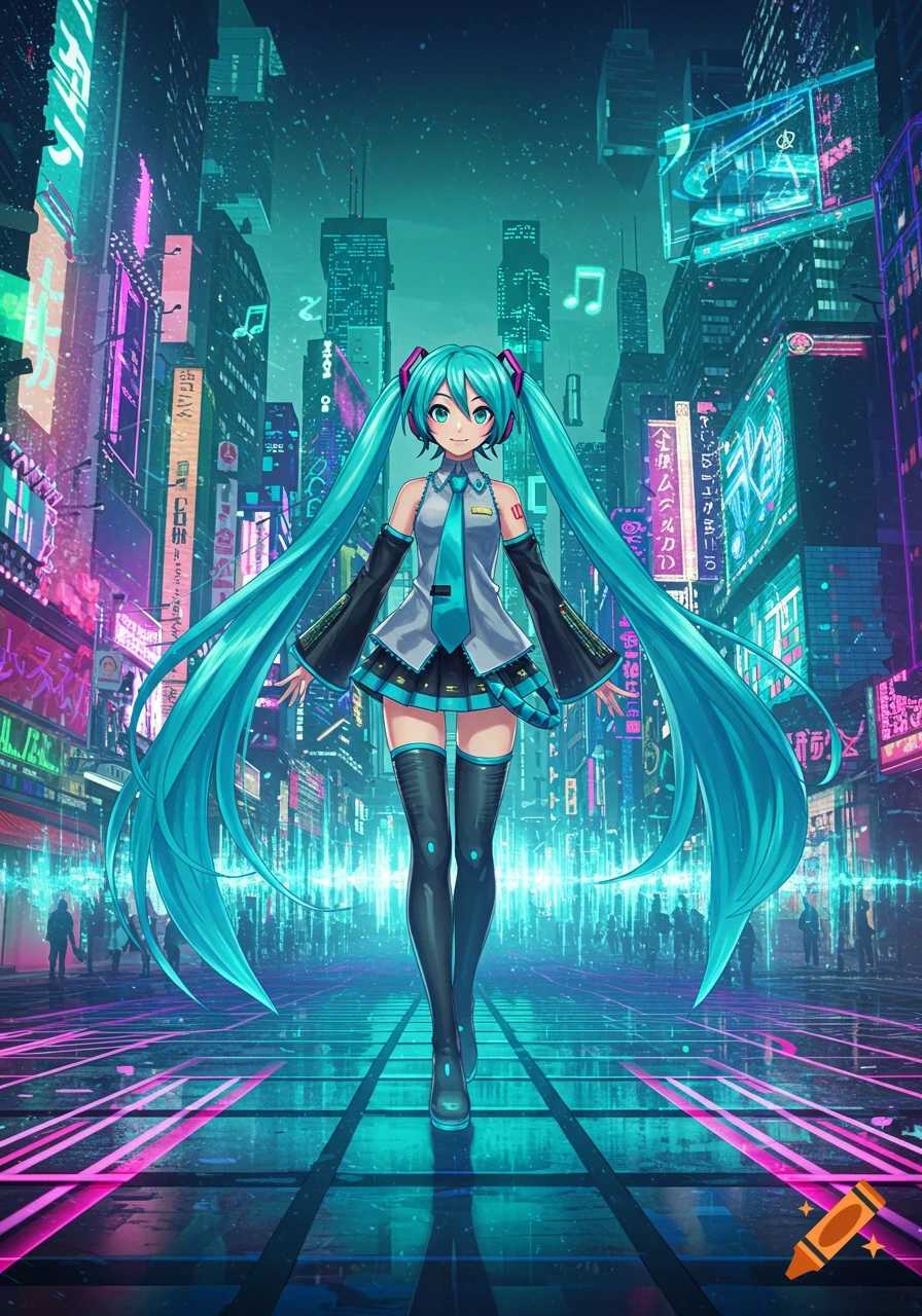 Hatsune Miku in a neon-lit cyberpunk city, digital art. on Craiyon