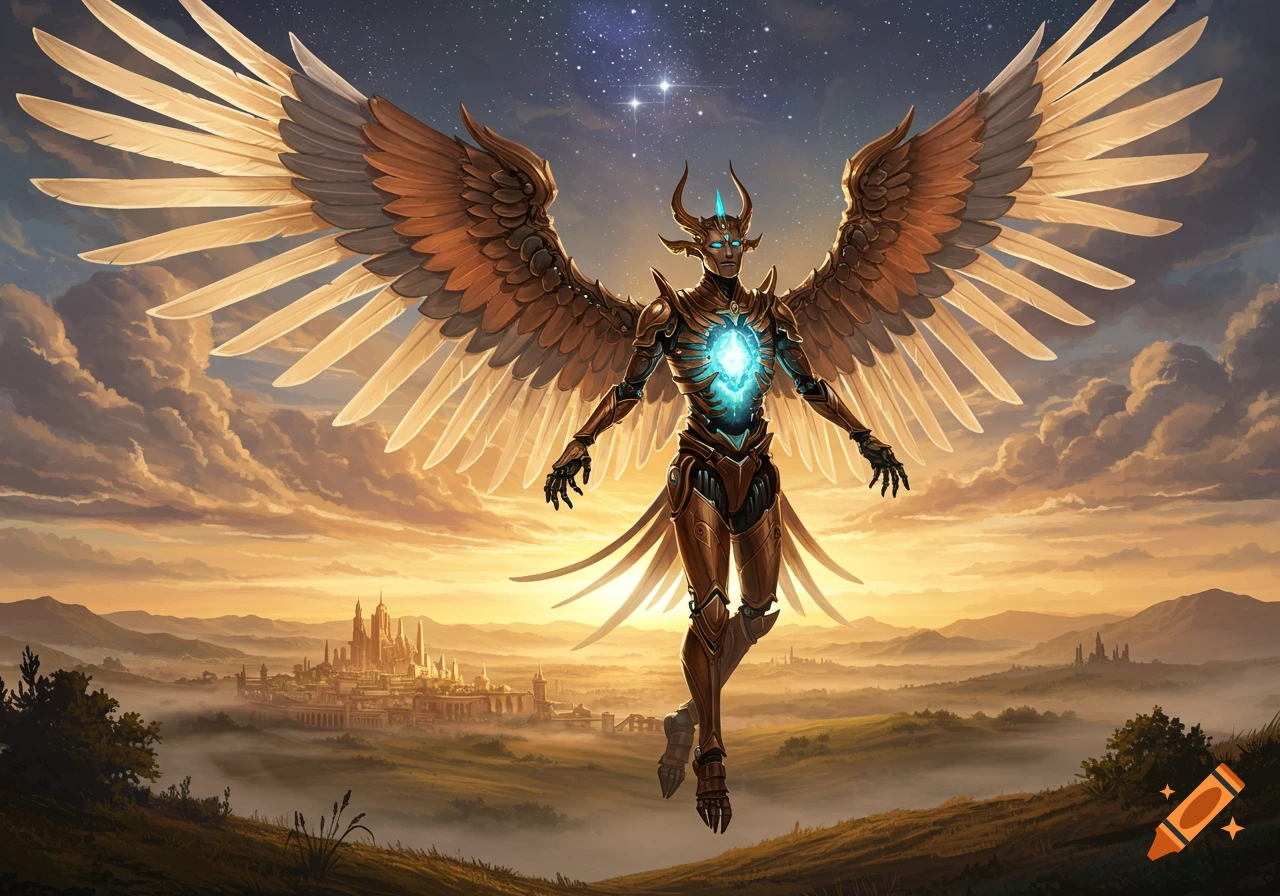 A majestic armored humanoid with a wolf head and huge red-orange ...