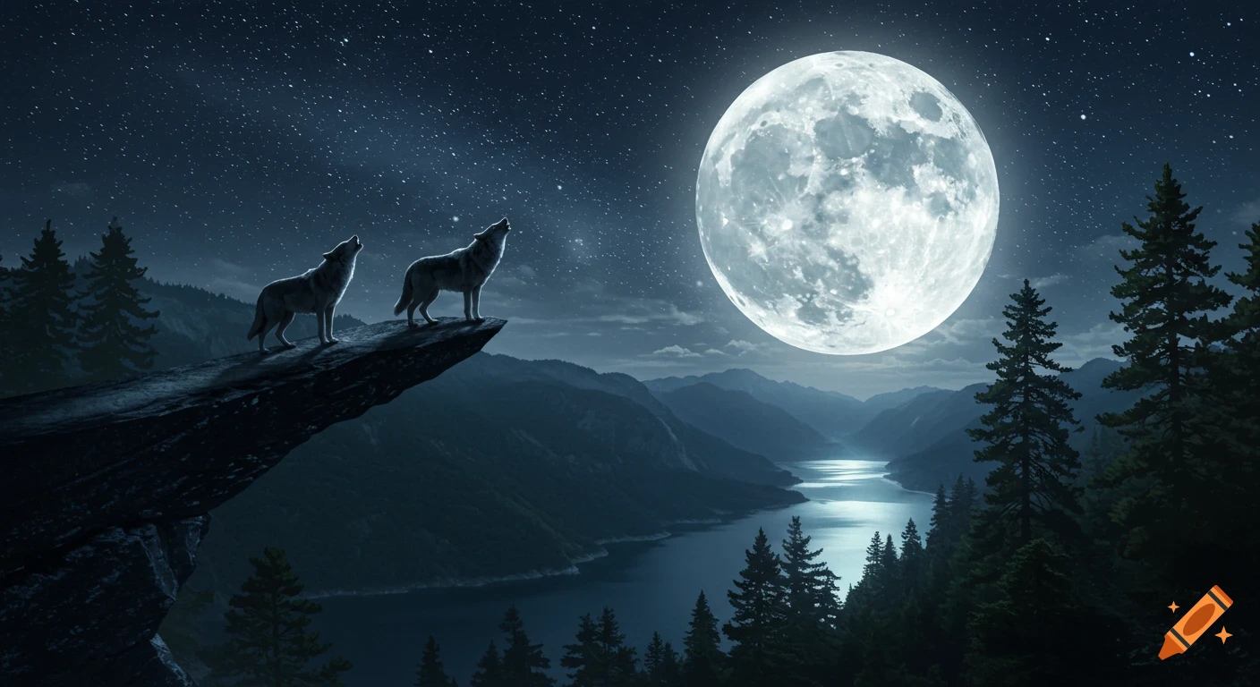 Two wolves howl on a mountain cliff under a huge full moon and starry night sky, overlooking a ...