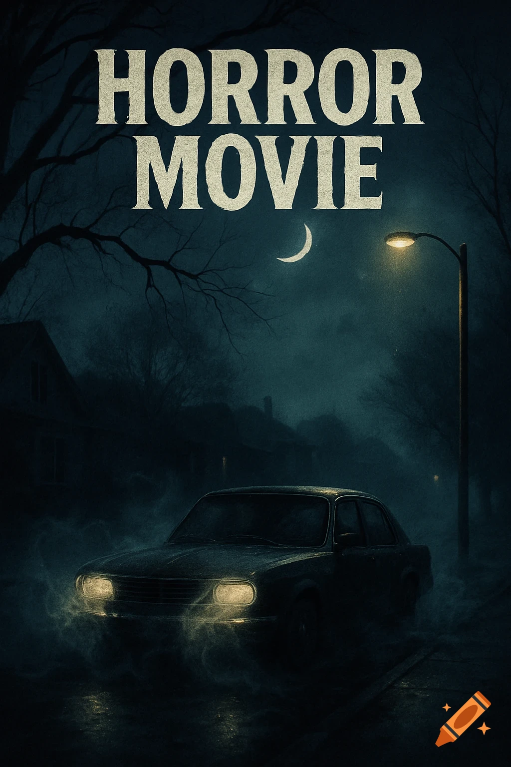 A dark, eerie night scene with a car on a street, glowing headlights ...