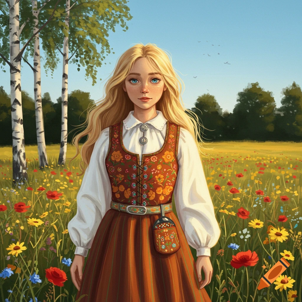 A smiling woman in a dirndl dress holds wildflowers in a sunny, green ...