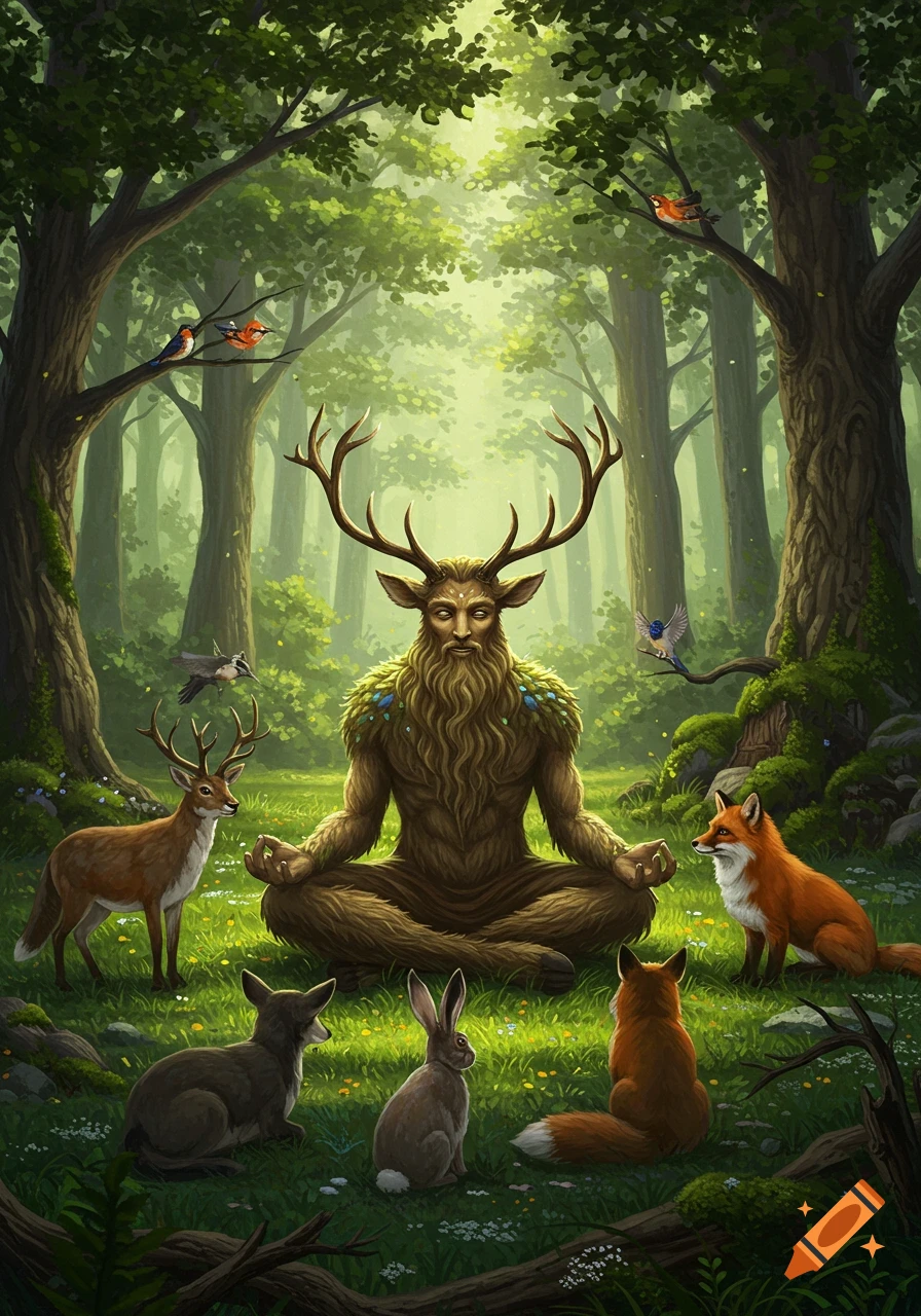 A bear, two wolves, a deer, and two otters gather around a campfire in ...