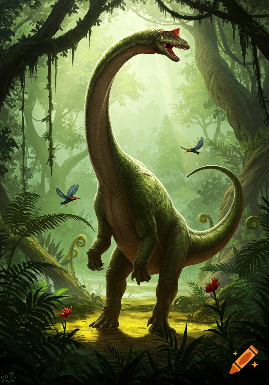Several dinosaurs and pterosaurs in a lush prehistoric landscape with a ...