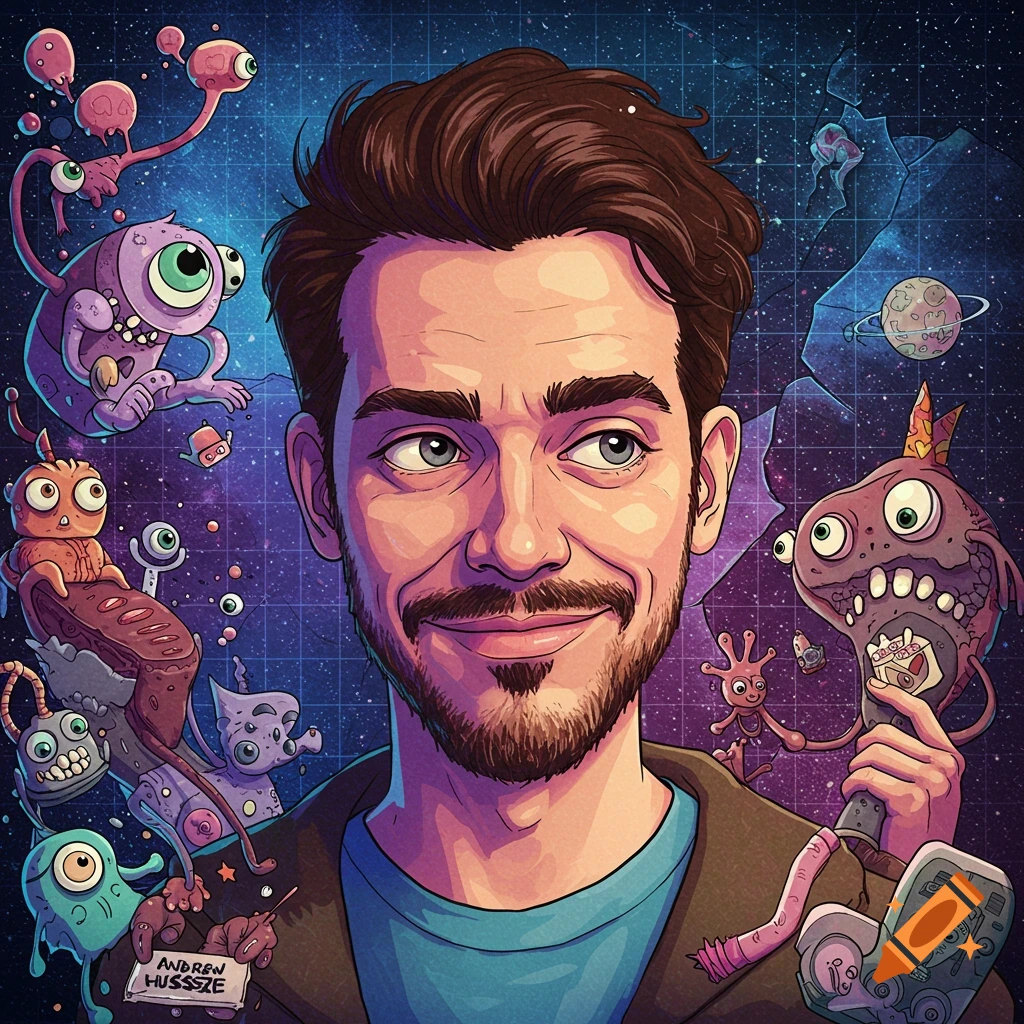 Cartoon portrait of a red demon man with glasses, mustache, and goatee ...