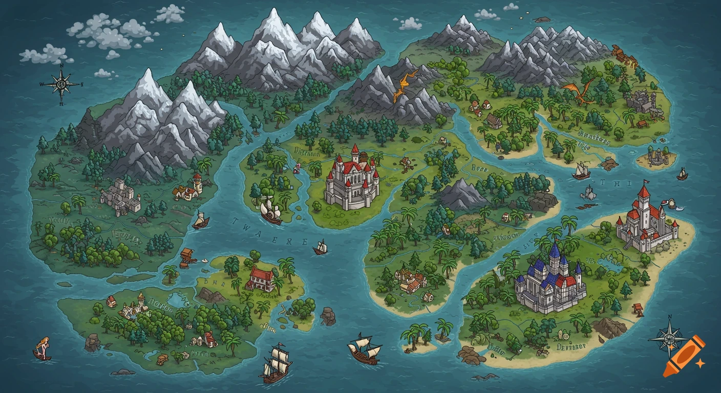 An isometric fantasy world map showing islands with mountains, forests ...