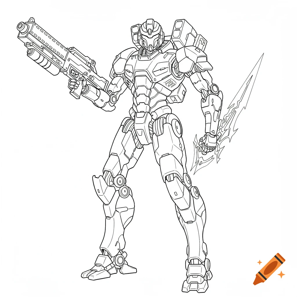 A line art drawing of a battle mech holding a large gun and an energy ...