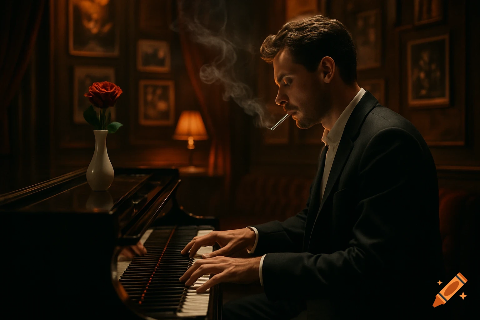 A basketball floats above a grand piano on a spotlight-lit stage with ...
