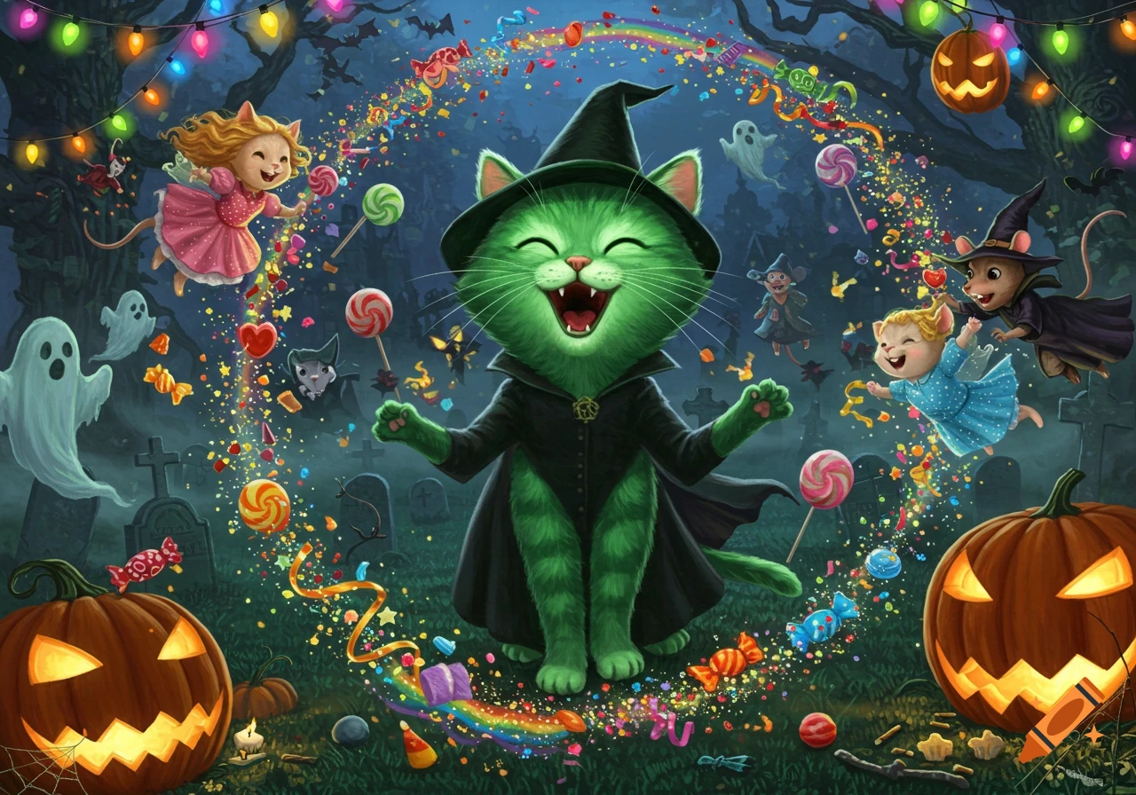 A happy green cat witch, surrounded by flying kittens, mice, ghosts ...