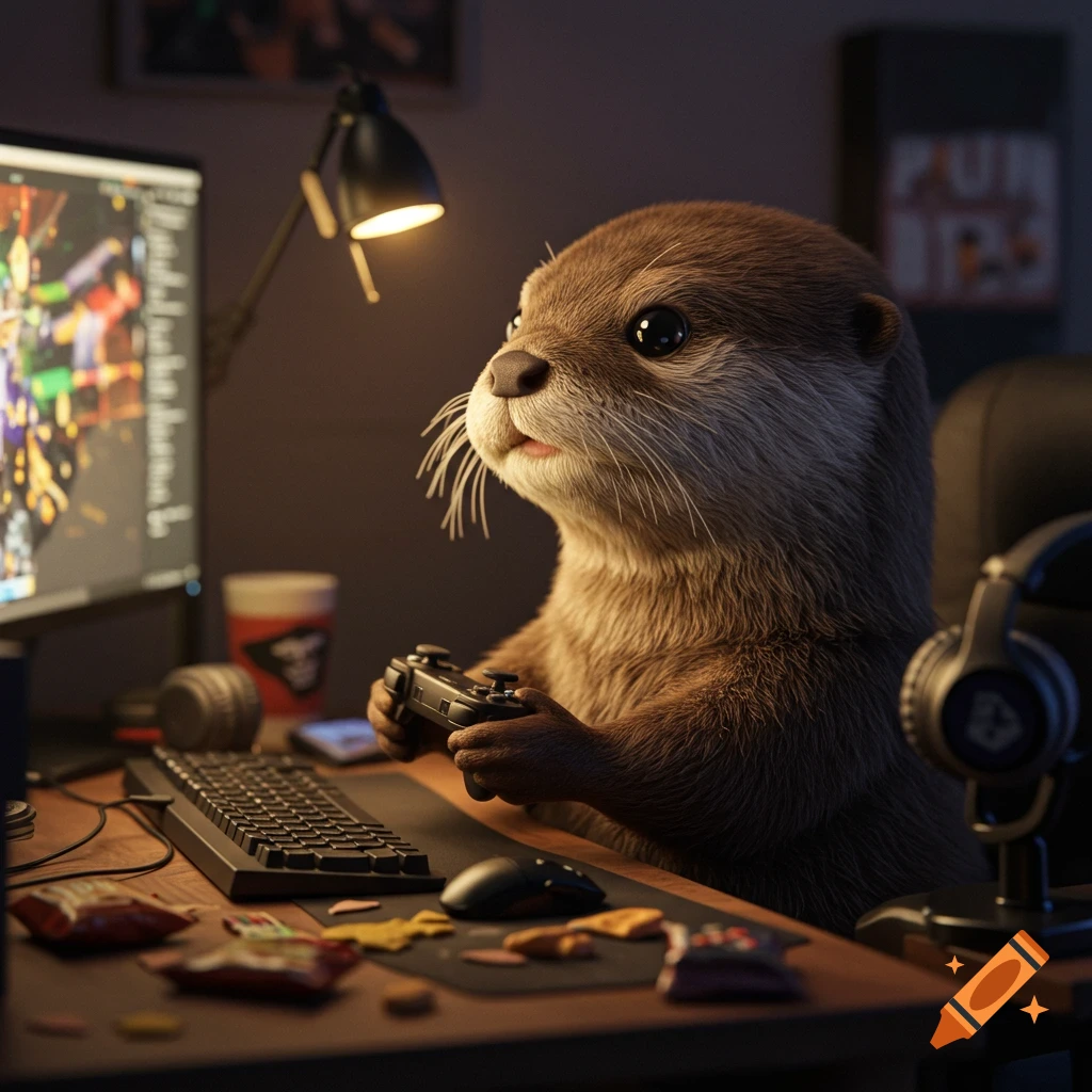 A cute otter playing video games on a computer, holding a controller in ...