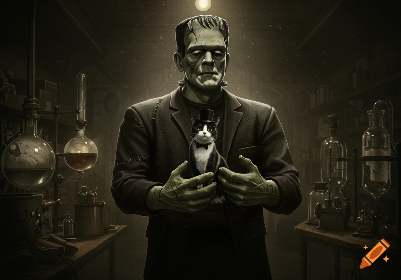 Frankenstein's monster in a dark, spooky laboratory holds a tuxedo cat ...
