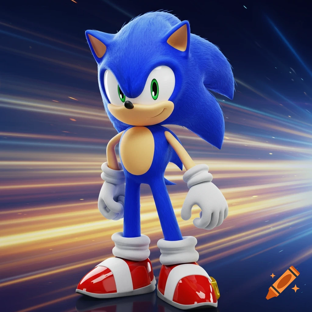 A full-body 3D render of Sonic the Hedgehog, standing with a slight ...
