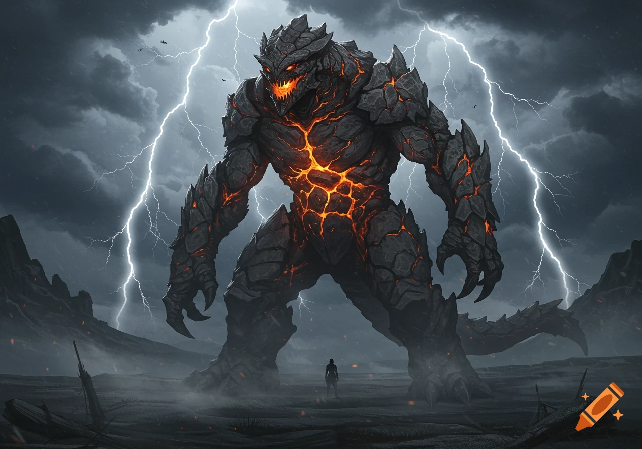A giant lava rock monster with glowing eyes stands under a lightning ...