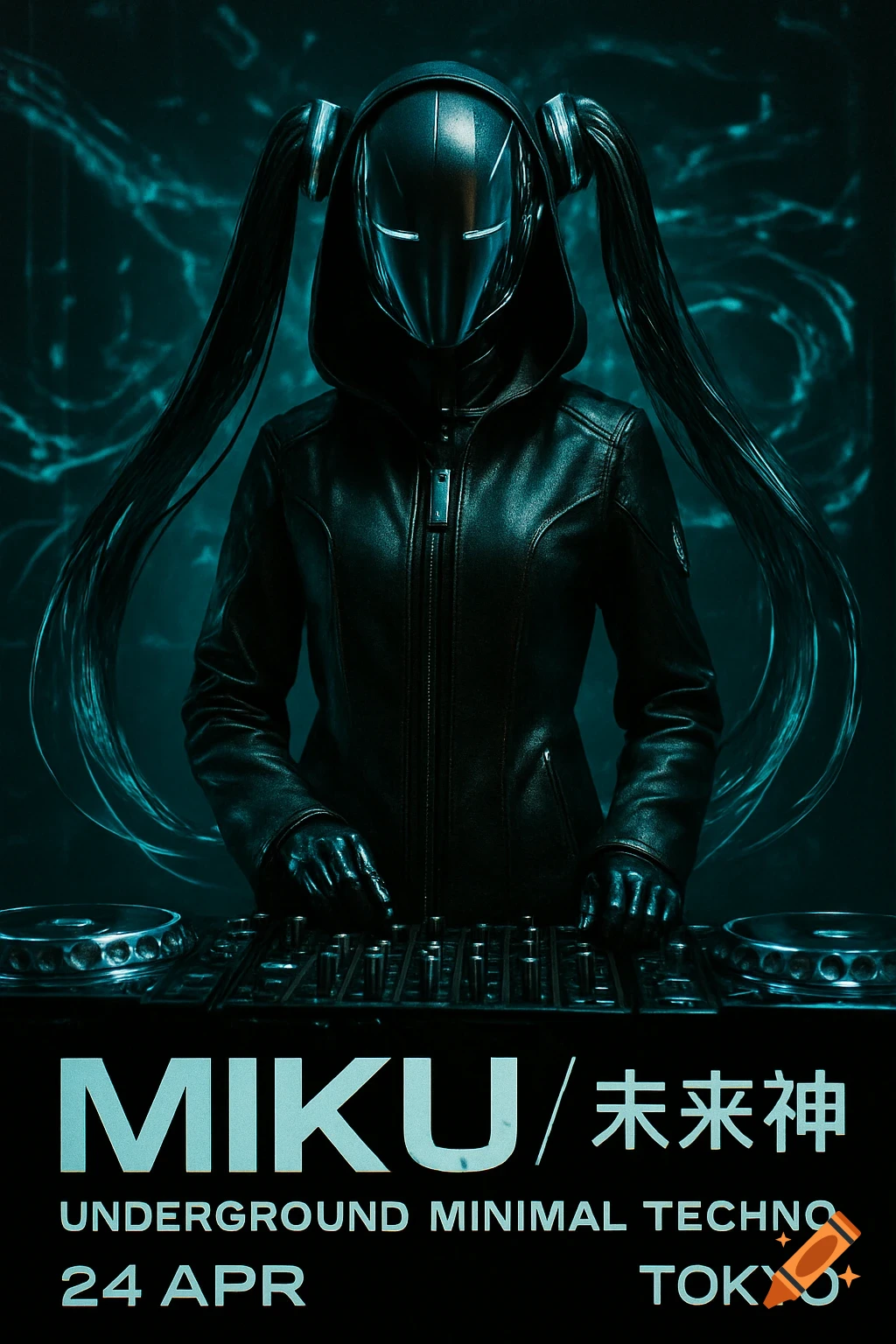 Cyberpunk poster of a masked figure, resembling a futuristic Hatsune ...