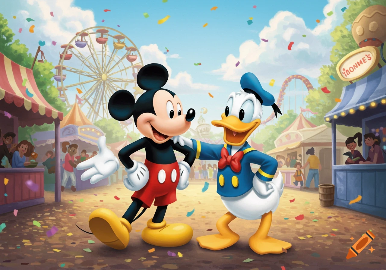 Mickey Mouse and Donald Duck stand on a spotlighted stage with red ...