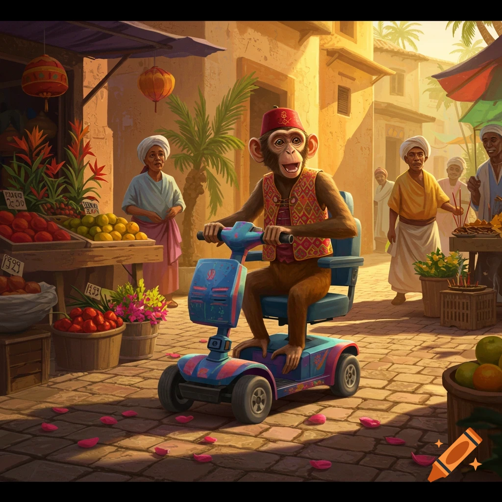 A jubilant cartoon man in glasses and a djellaba rides an electric ...