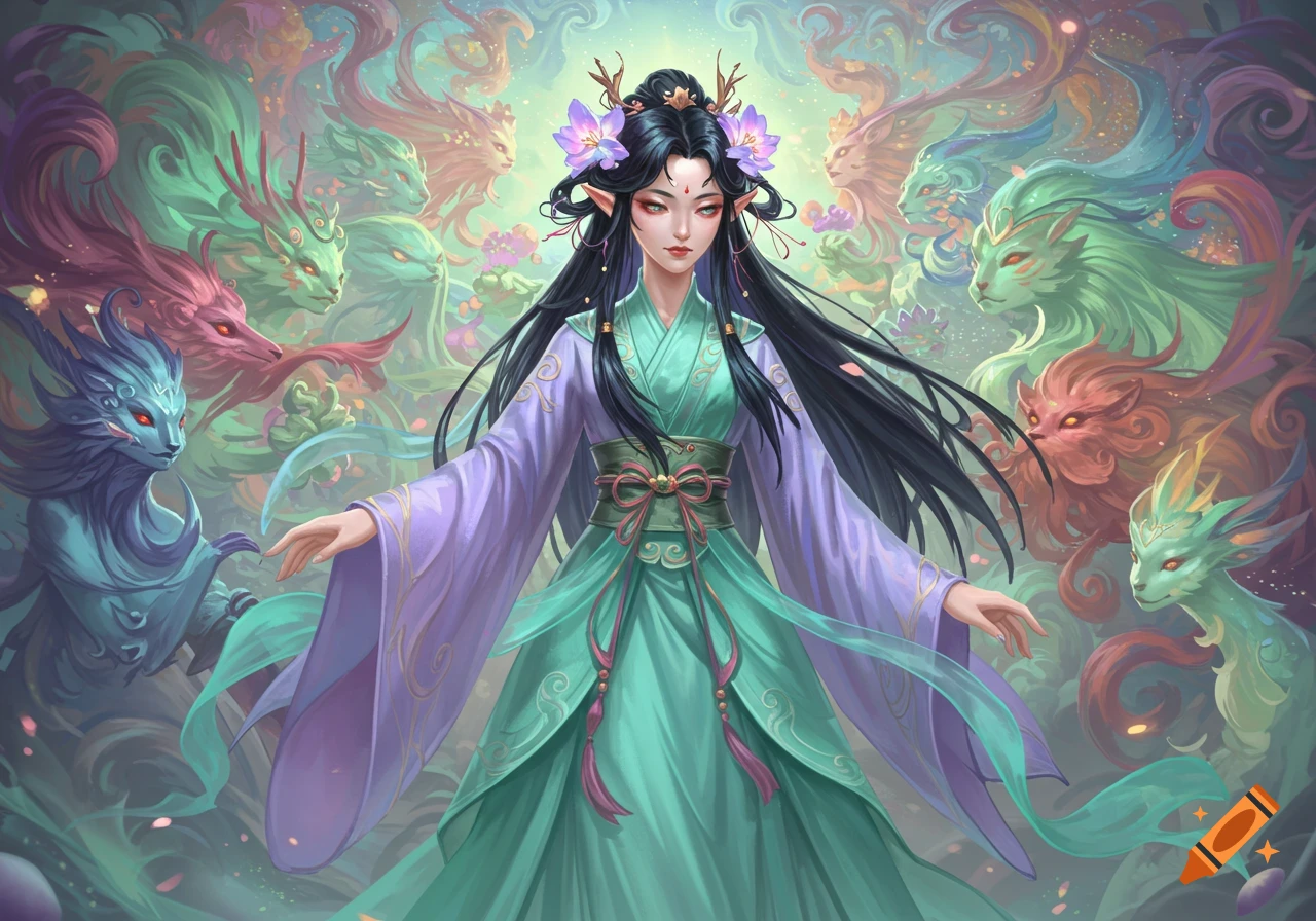Fantasy illustration of an elf-like woman in a green and lavender robe, with long dark hair and ...