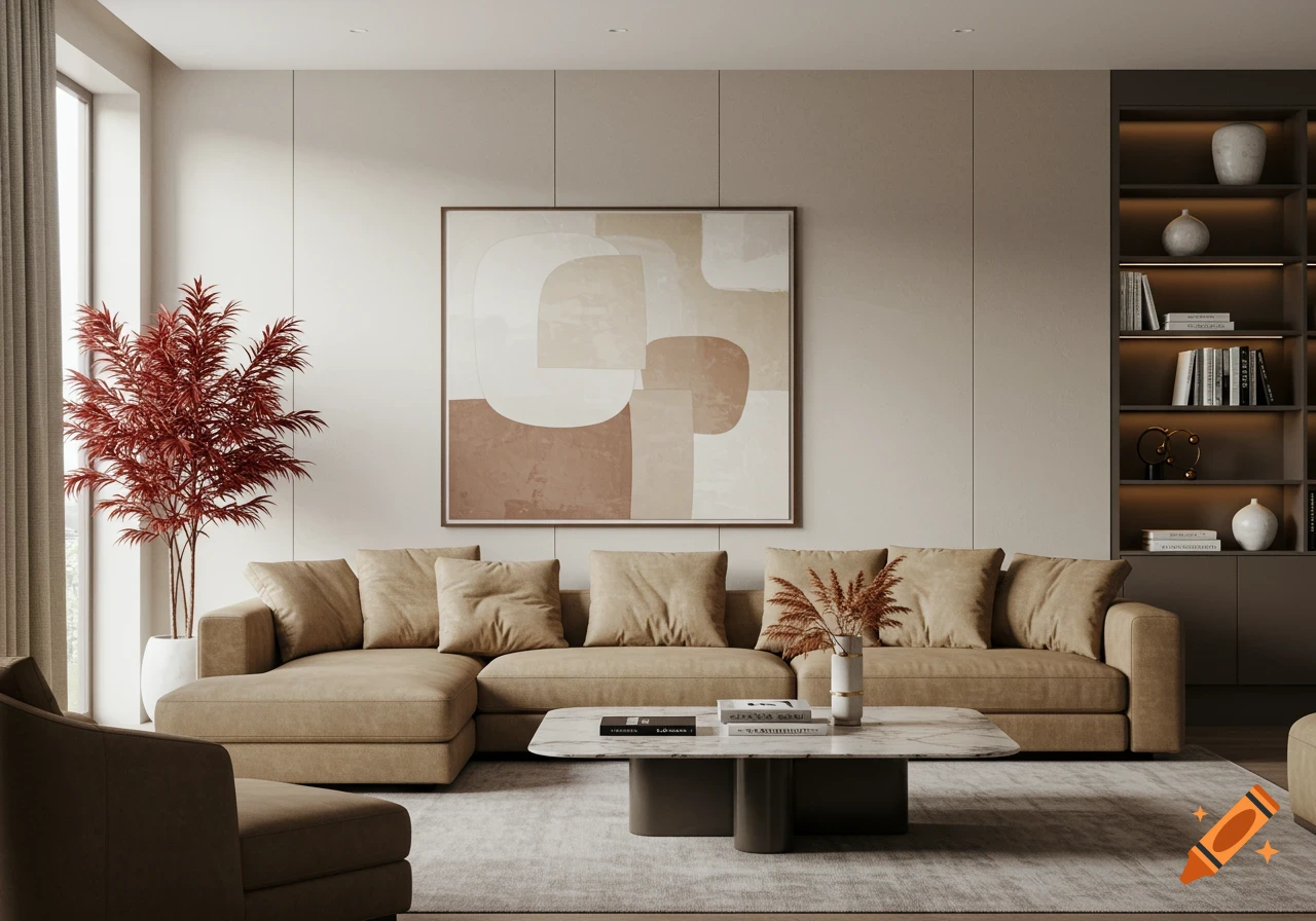 Elegant modern living room with a large beige sectional sofa, marble ...
