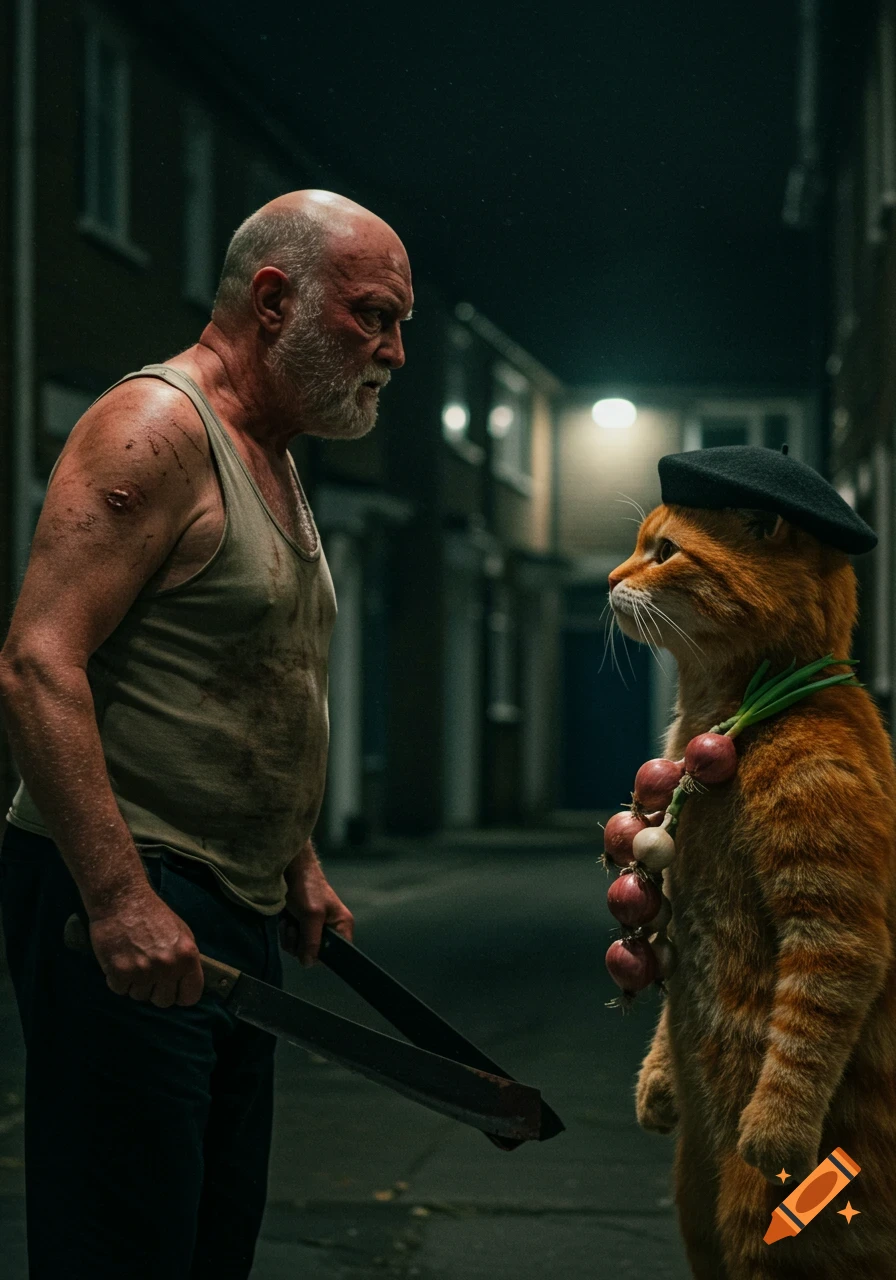 A bald man in blue denim overalls, a striped shirt, and a short tan ...