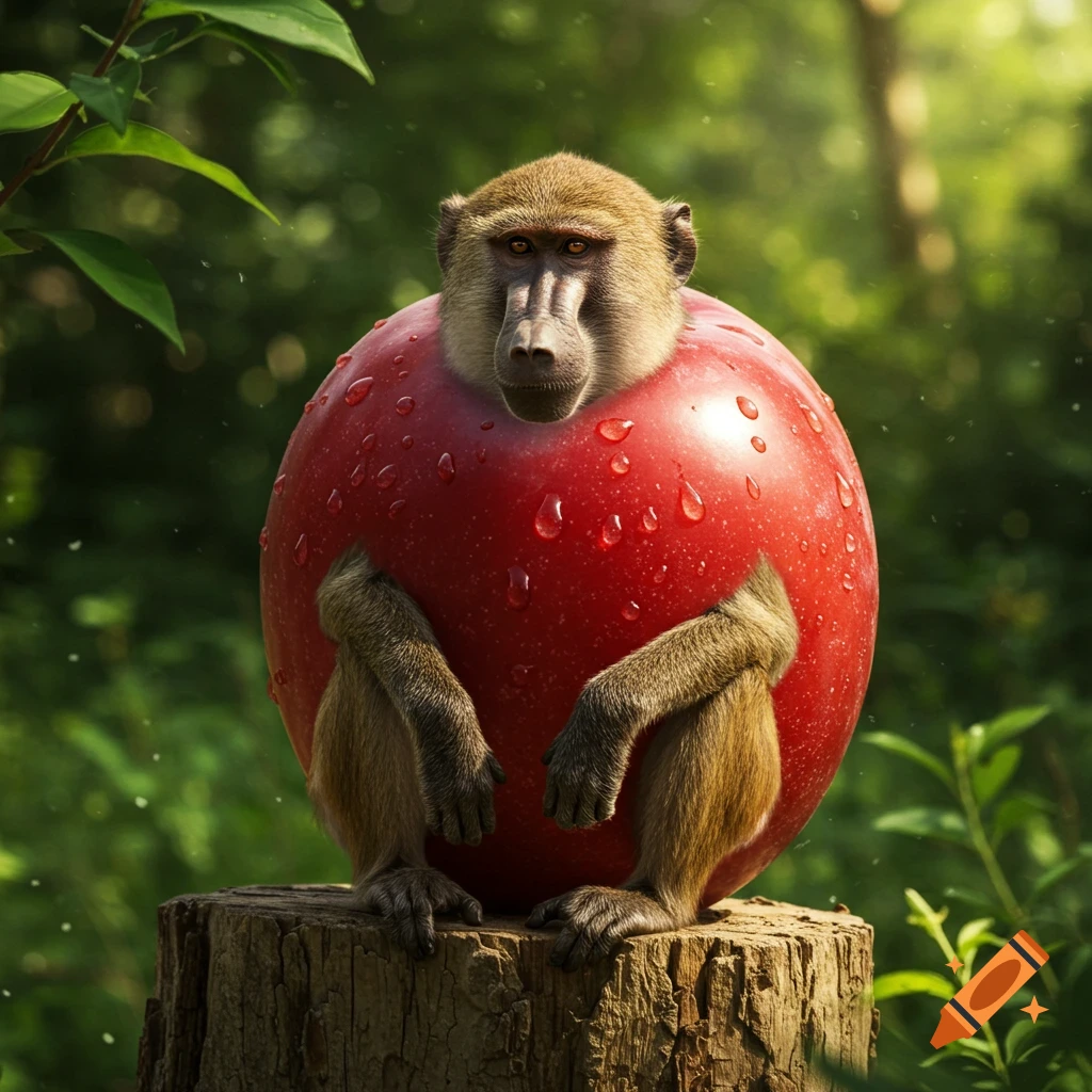 A baboon's head, arms, and legs emerge from a large red apple with ...