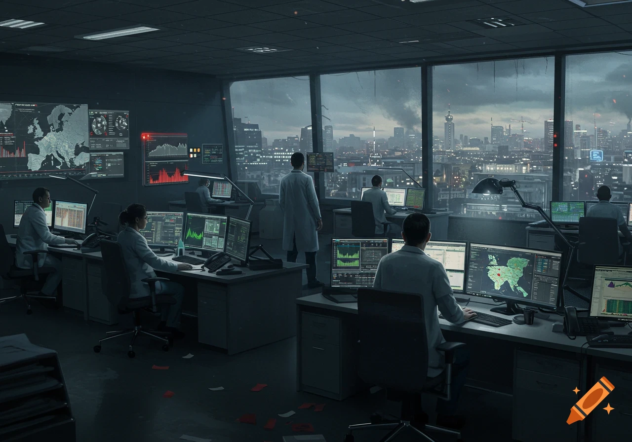 People in lab coats monitor data on multiple computer screens in a dark ...