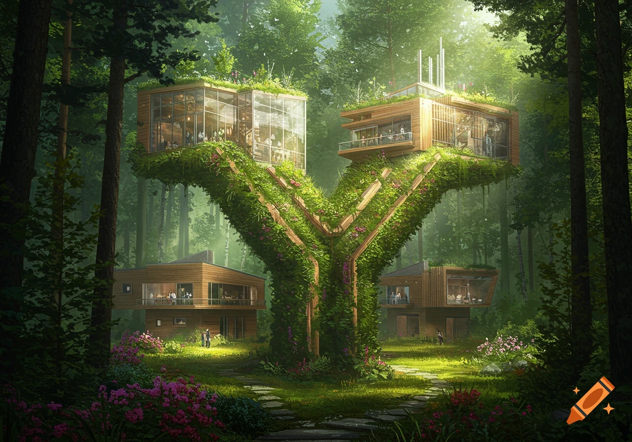Modern grow towers with plants in a lush jungle setting featuring sheep ...