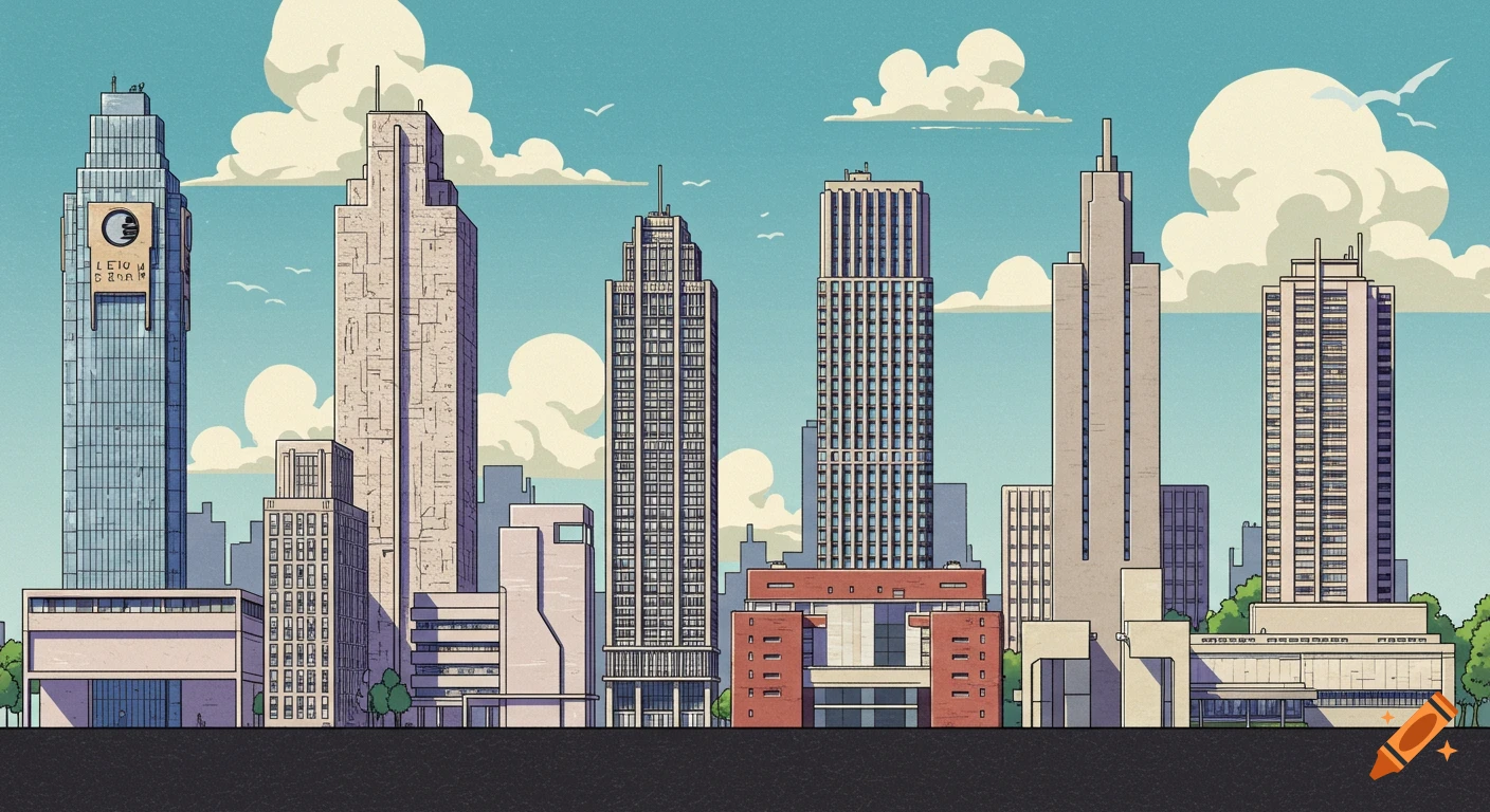 A skyline of numerous tall, modern and mid-century buildings rendered ...