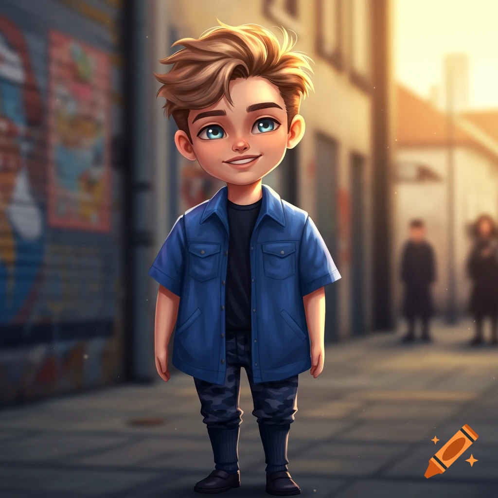 A smiling cartoon man with gray hair in a blue shirt and tan pants ...