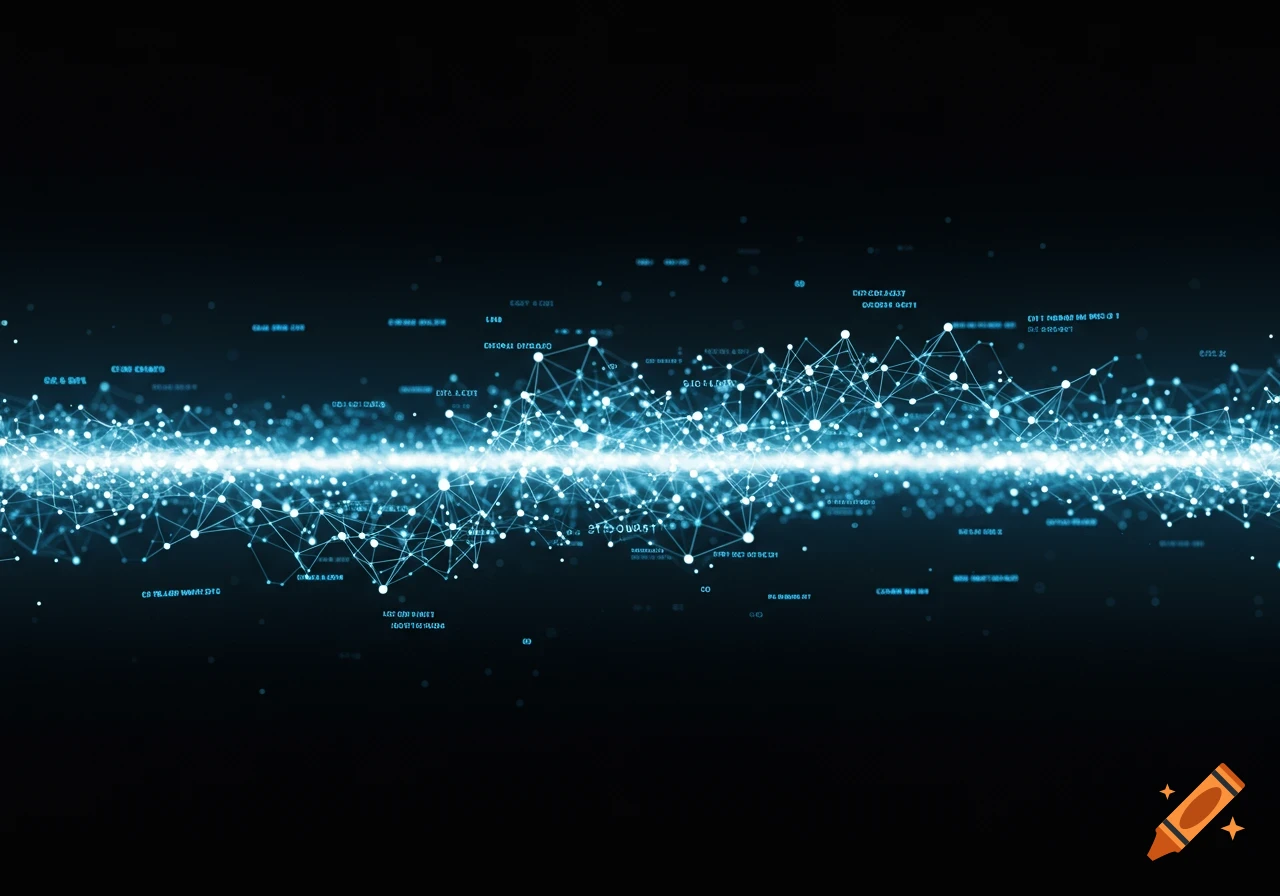 Silver text 'Tolaroo' over a swirling vortex of blue and white data ...
