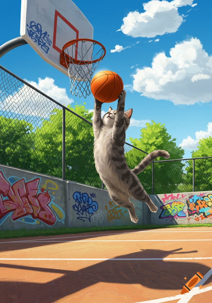 A cartoonish tabby cat dunks a basketball on an outdoor court with ...