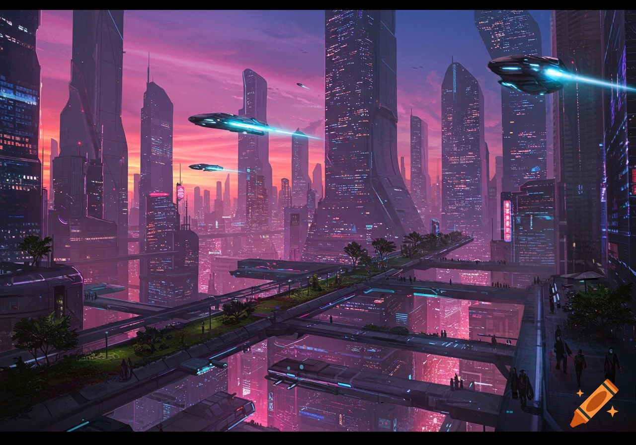A vibrant, green-themed futuristic cityscape with tall buildings ...